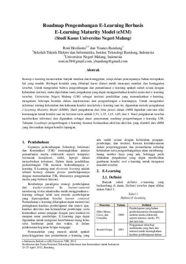 (PDF) Roadmap Pengembangan E-Learning Berbasis E-Learning Maturity Model (eMM): Studi kasus ...
