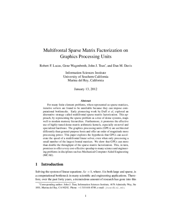 (PDF) Multifrontal Sparse Matrix Factorization on Graphics Processing Units