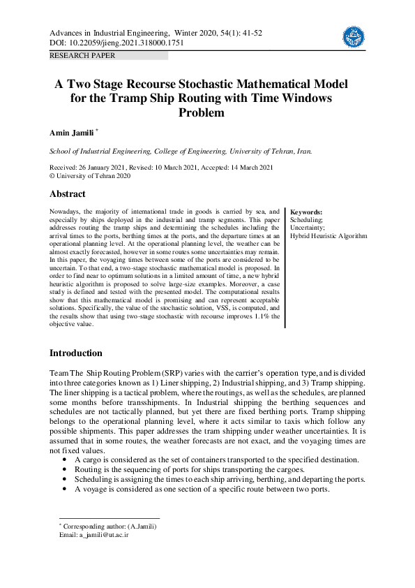 (PDF) A Two Stage Recourse Stochastic Mathematical Model for the Tramp ...