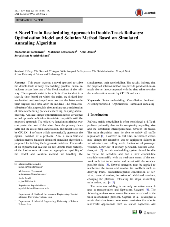 (PDF) A Novel Train Rescheduling Approach in Double-Track Railways ...