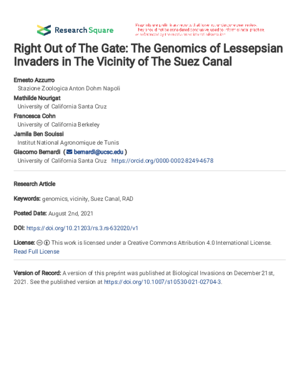 (PDF) Right Out of The Gate: The Genomics of Lessepsian Invaders in The ...
