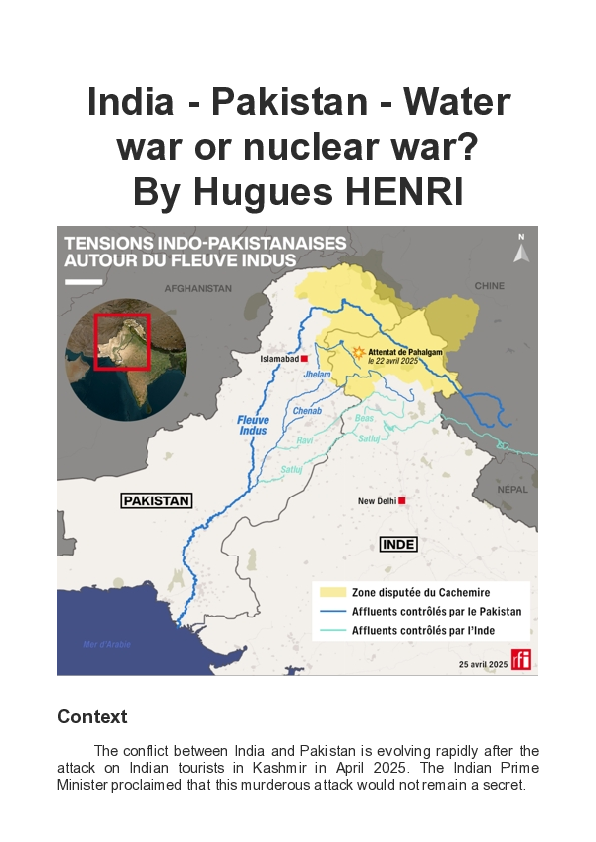 (PDF) India -Pakistan -Water war or nuclear war? By Hugues HENRI