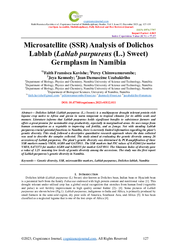 (PDF) Microsatellite (SSR) Analysis of Dolichos Lablab (Lablab purpureus (L.) Sweet) Germplasm ...