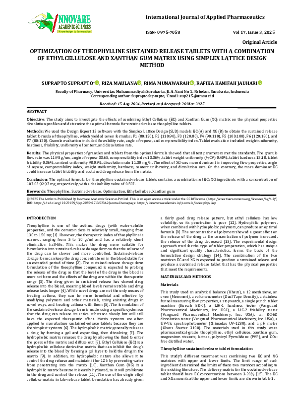 (PDF) OPTIMIZATION OF THEOPHYLLINE SUSTAINED RELEASE TABLETS WITH A ...