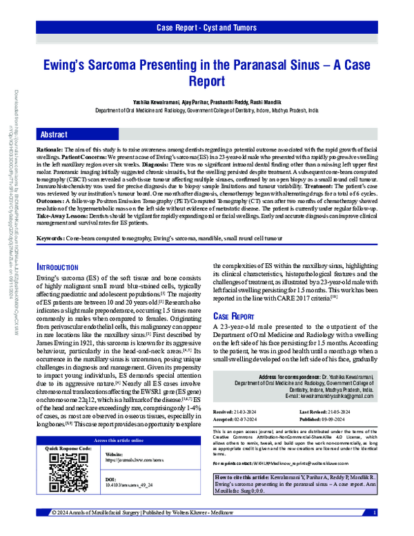 (PDF) Ewing's Sarcoma Presenting in the Paranasal Sinus -A Case Report