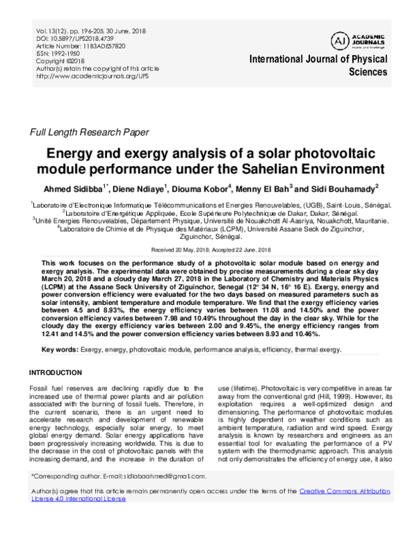 (PDF) Energy and exergy analysis of a solar photovoltaic module ...