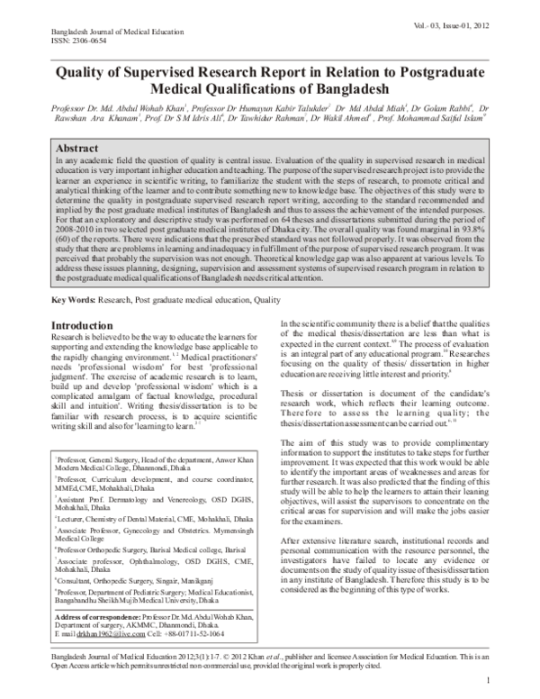 (PDF) Quality of Supervised Research Report in Relation to Postgraduate ...