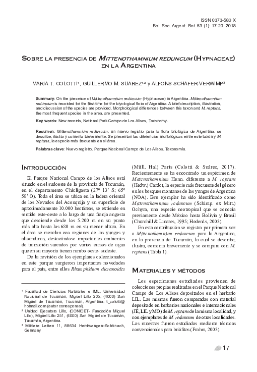 (PDF) Sobre la presencia de Mittenothamnium reduncum (Hypnaceae) en la ...