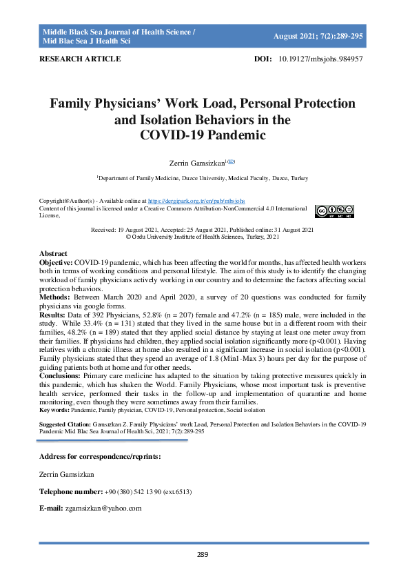 (PDF) Family Physicians’ Work Load, Personal Protection and Isolation ...