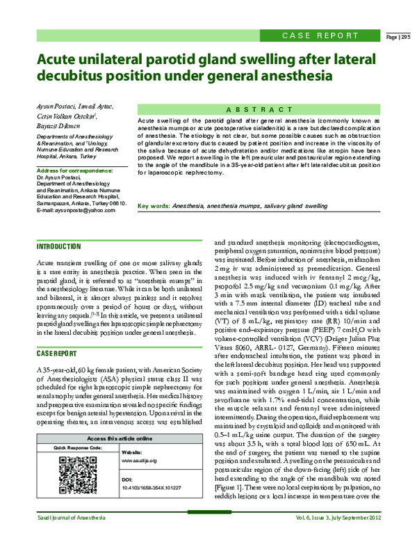 (PDF) Acute unilateral parotid gland swelling after lateral decubitus ...