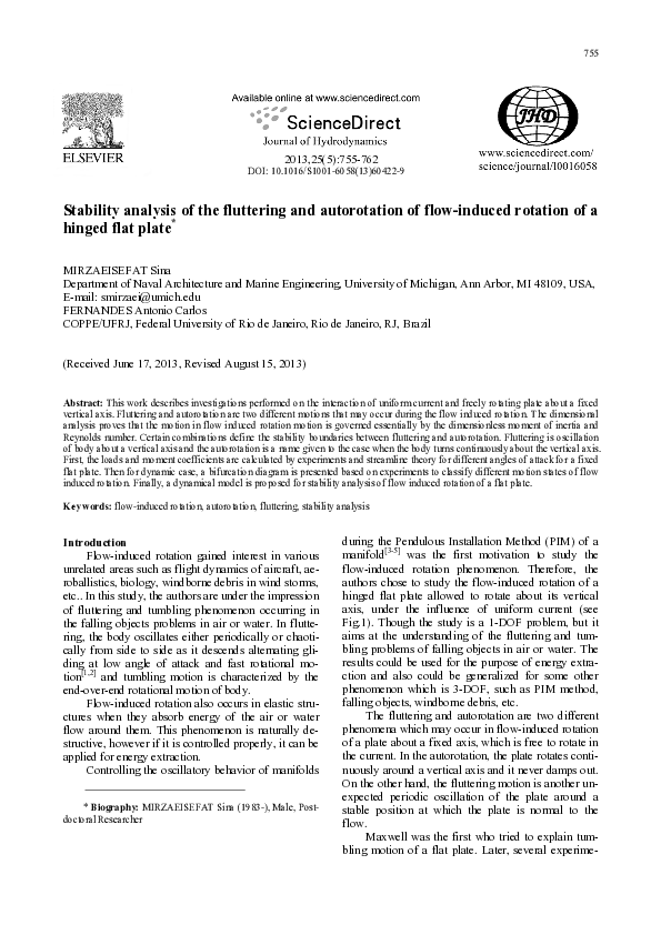 (PDF) Stability analysis of the fluttering and autorotation of flow ...