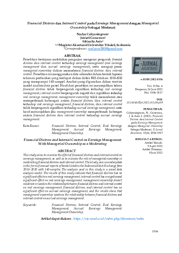 (PDF) Financial Distress dan Internal Control pada Earnings Management ...