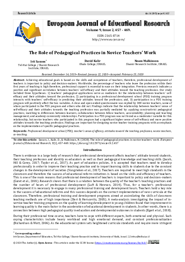 (PDF) The Role of Pedagogical Practices in Novice Teachers' Work