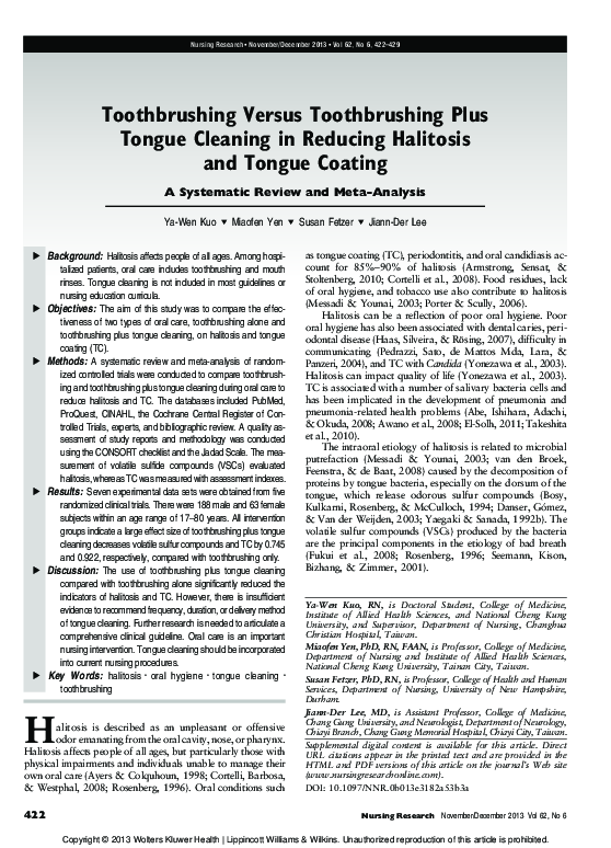 (PDF) Toothbrushing Versus Toothbrushing Plus Tongue Cleaning in Reducing Halitosis and Tongue ...