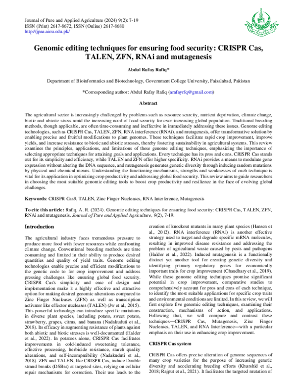 (PDF) Genomic editing techniques for ensuring food security: CRISPR Cas ...