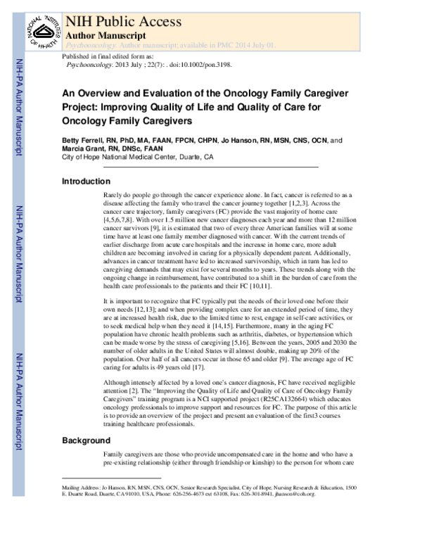 (PDF) An overview and evaluation of the oncology family caregiver ...