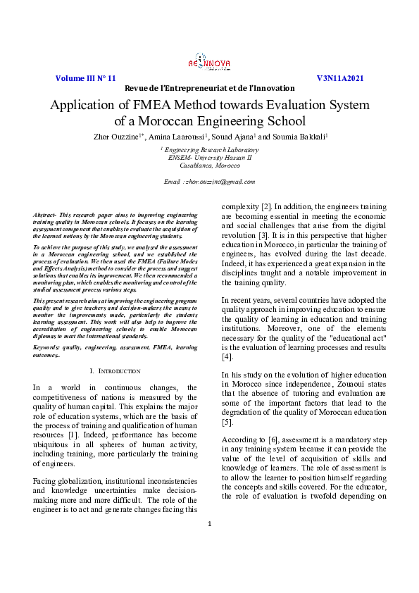 (PDF) Application of FMEA Method towards Evaluation System of a Moroccan Engineering School
