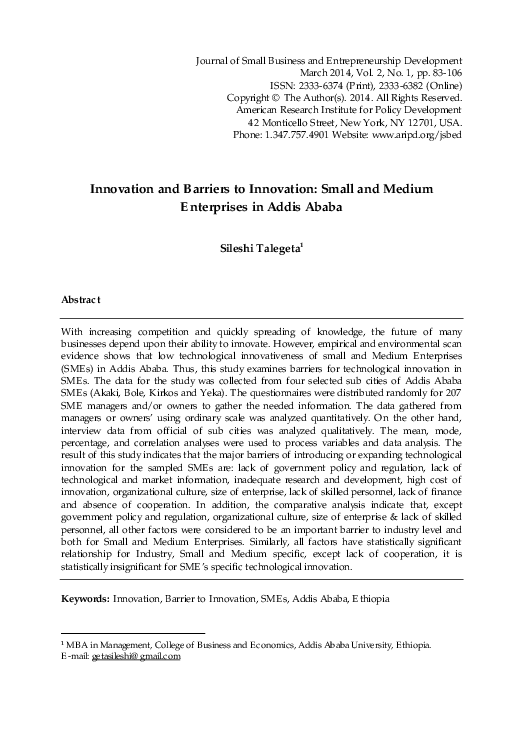 (PDF) Innovation and Barriers to Innovation: Small and Medium ...
