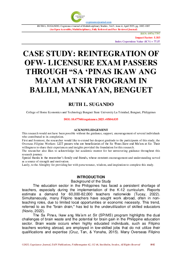 (PDF) CASE STUDY: REINTEGRATION OF OFW- LICENSURE EXAM PASSERS THROUGH “SA ‘PINAS IKAW ANG MA’AM ...