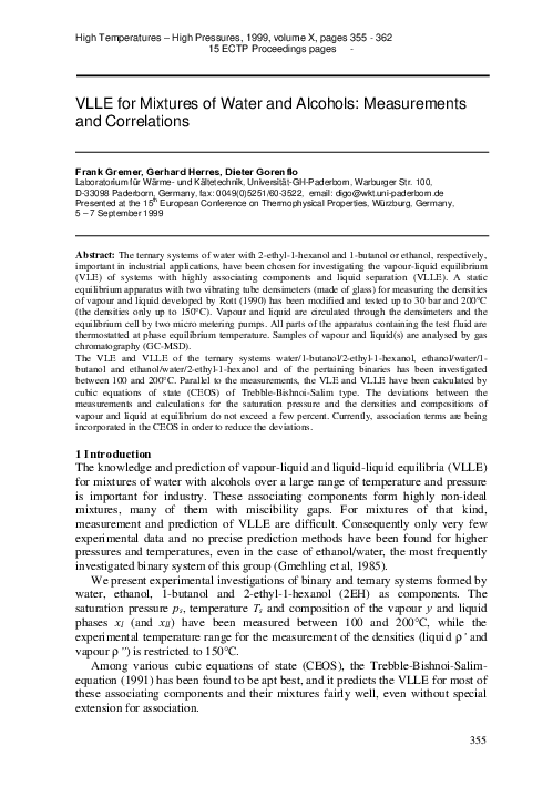 (PDF) Vapour - liquid and liquid - liquid equilibria of mixtures of ...