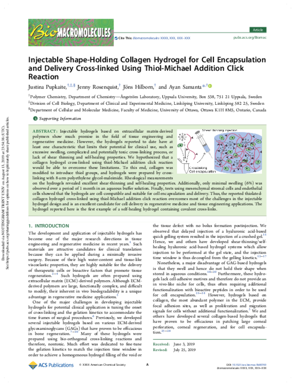 (PDF) Injectable Shape-Holding Collagen Hydrogel for Cell Encapsulation ...