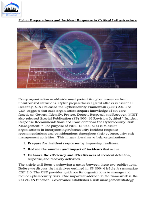 (PDF) Cyber Preparedness and Incident Response to Critical ...