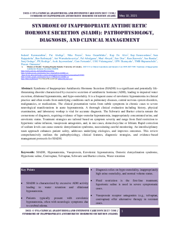 (PDF) Syndrome of Inappropriate Antidiuretic Hormone Secretion (SIADH ...