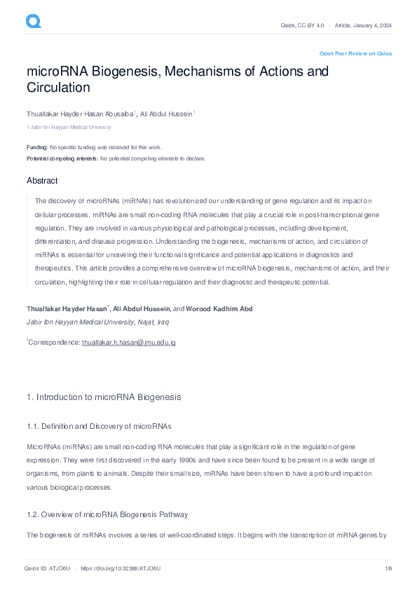 (PDF) microRNA Biogenesis, Mechanisms of Actions and Circulation