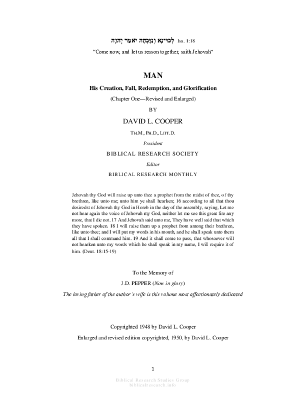 (PDF) Man: His Creation, Fall, Redemption and Glorification by DAVID L ...