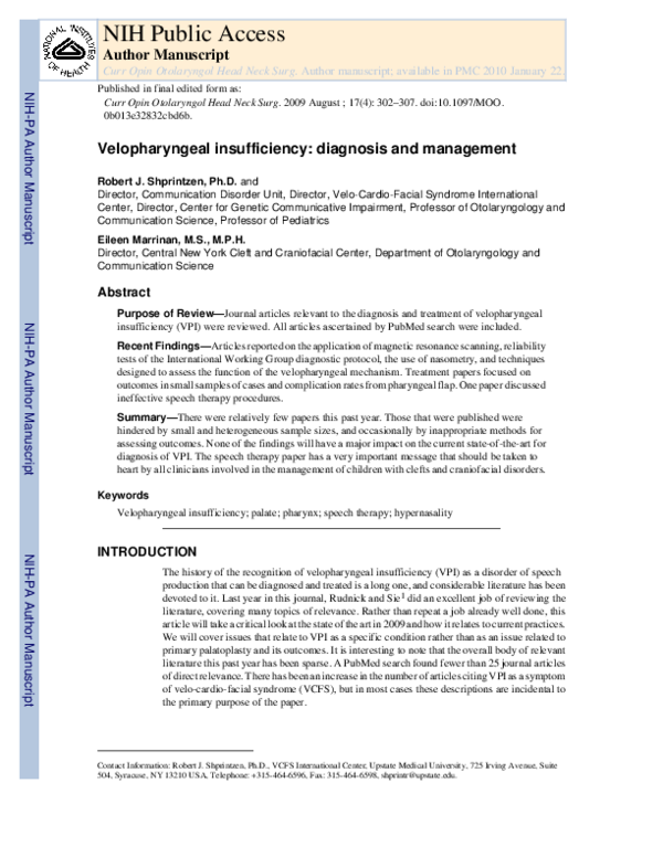 (PDF) Velopharyngeal insufficiency: diagnosis and management