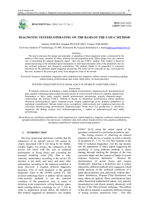 (PDF) Diagnostic testers operating of basic of FAMC method