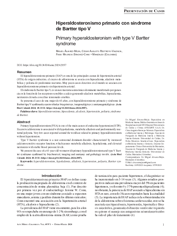 (PDF) Hiperaldosteronismo primario con síndrome de Bartter tipo V