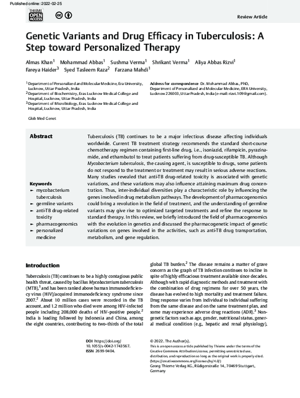 (PDF) Genetic Variants and Drug Efficacy in Tuberculosis: A Step toward ...