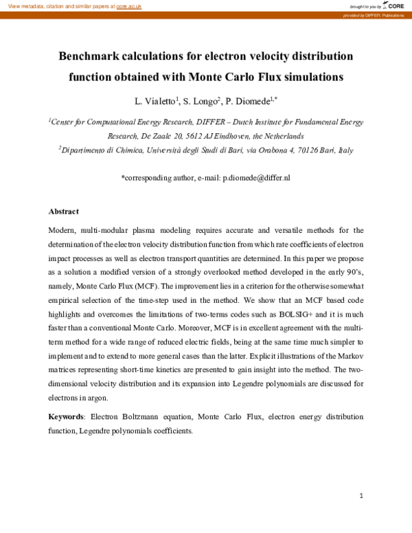 (PDF) Benchmark calculations for electron velocity distribution function obtained with Monte ...