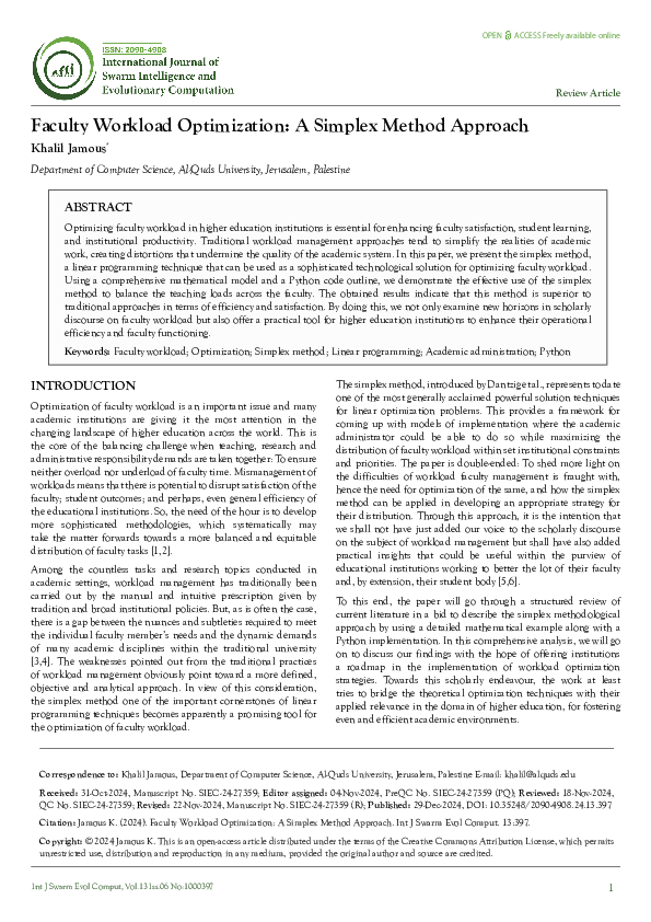 (PDF) Faculty Workload Optimization: A Simplex Method Approach