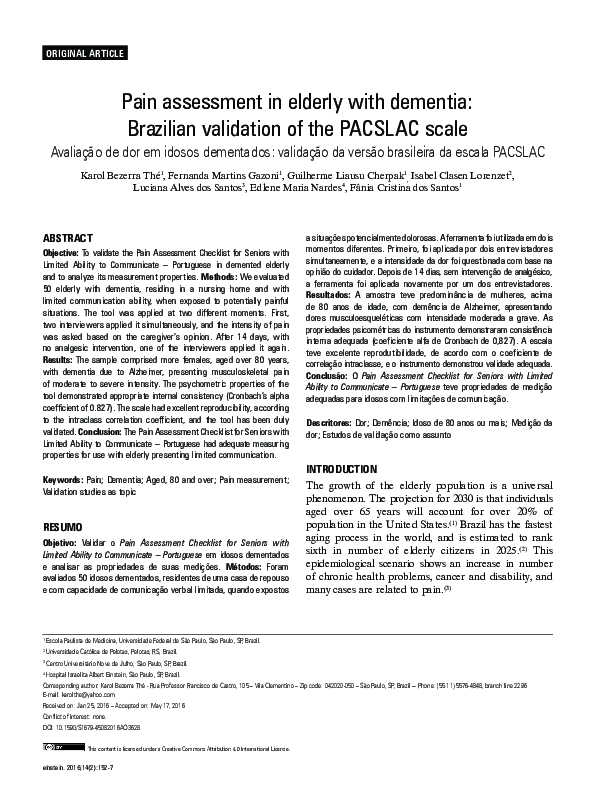 (PDF) Pain assessment in elderly with dementia: Brazilian validation of ...