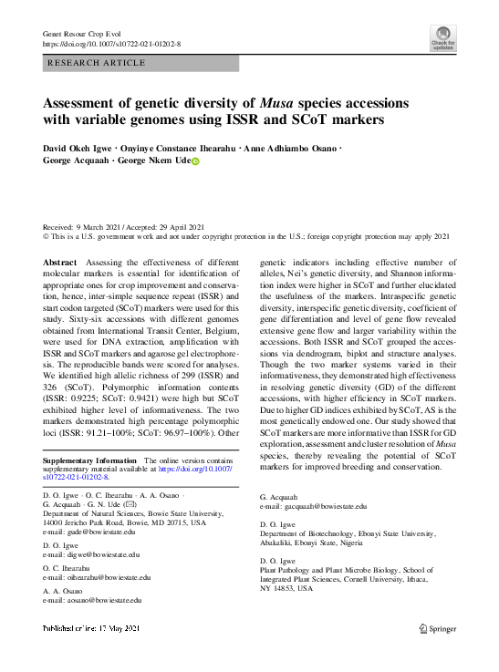 (PDF) Assessment of genetic diversity of Musa species accessions with ...