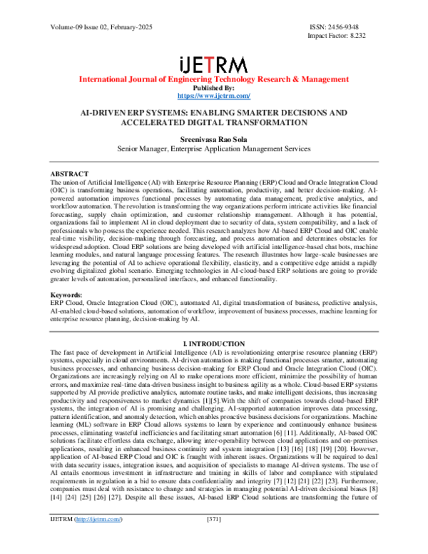 (PDF) AI-Driven ERP Systems: Enabling Smarter Decisions and Accelerated Digital Transformation