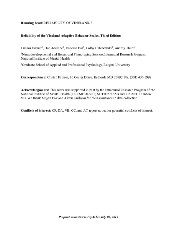 (PDF) Reliability of the Vineland Adaptive Behavior Scales, Third Edition