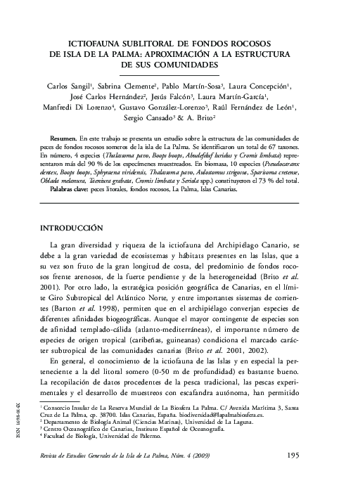 (PDF) Ictiofauna sublitoral de fondos rocosos de la isla de La Palma ...