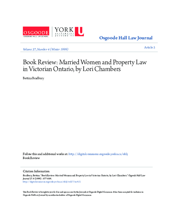 (PDF) Book Review: Married Women and Property Law in Victorian Ontario ...