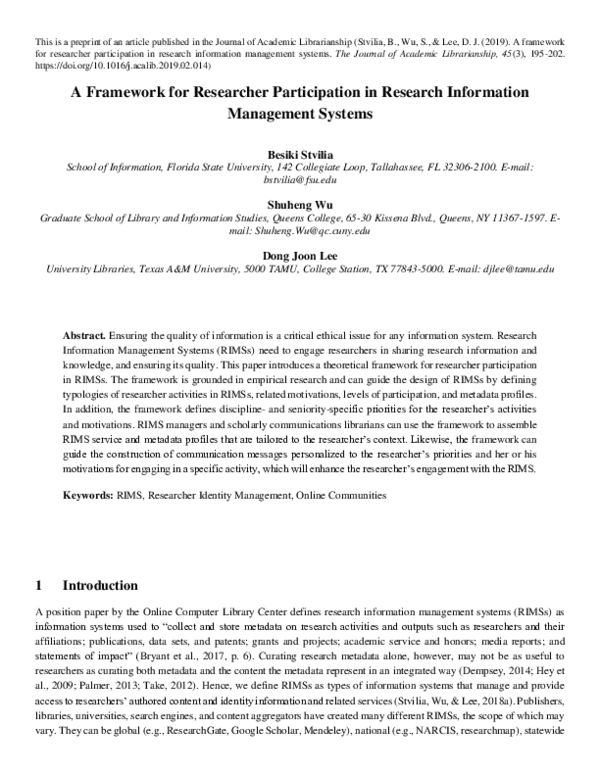 (PDF) A framework for researcher participation in Research Information ...