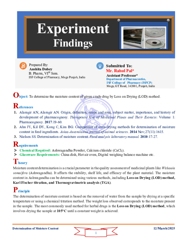 (PDF) To determine the moisture content of given crude drug by Loss on ...