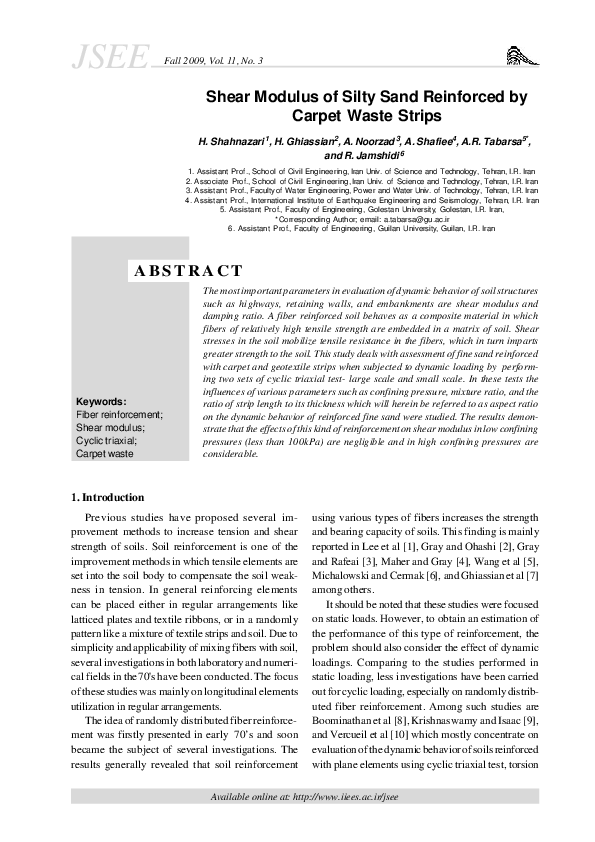 (PDF) Shear Modulus of Silty Sand Reinforced by Carpet Waste Strips