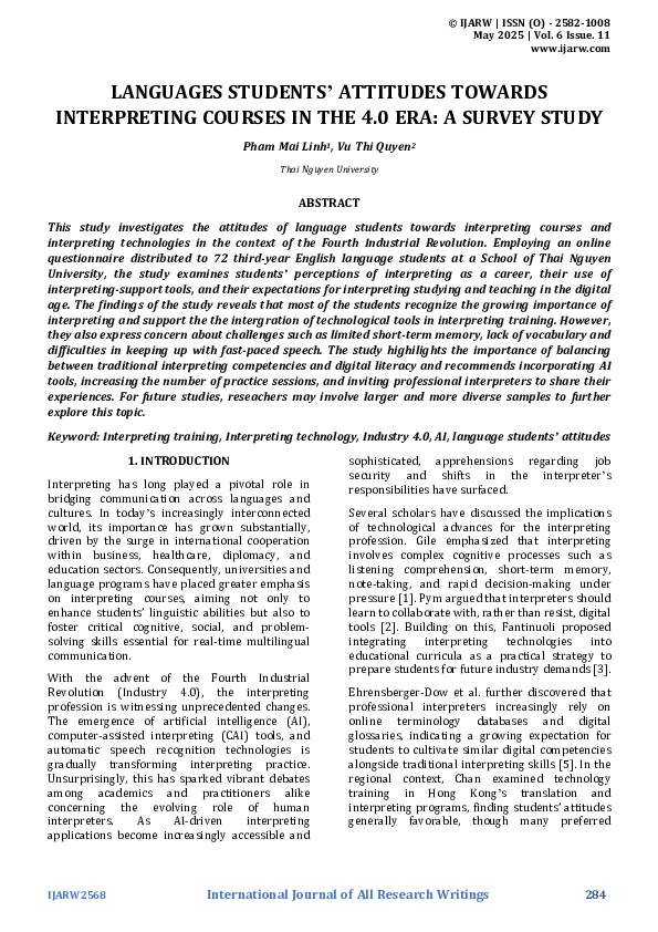 (PDF) LANGUAGES STUDENTS' ATTITUDES TOWARDS INTERPRETING COURSES IN THE 4.0 ERA: A SURVEY STUDY