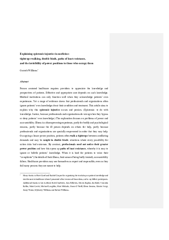 (PDF) Explaining epistemic injustice in medicine: tightrope walking, double binds, paths of ...