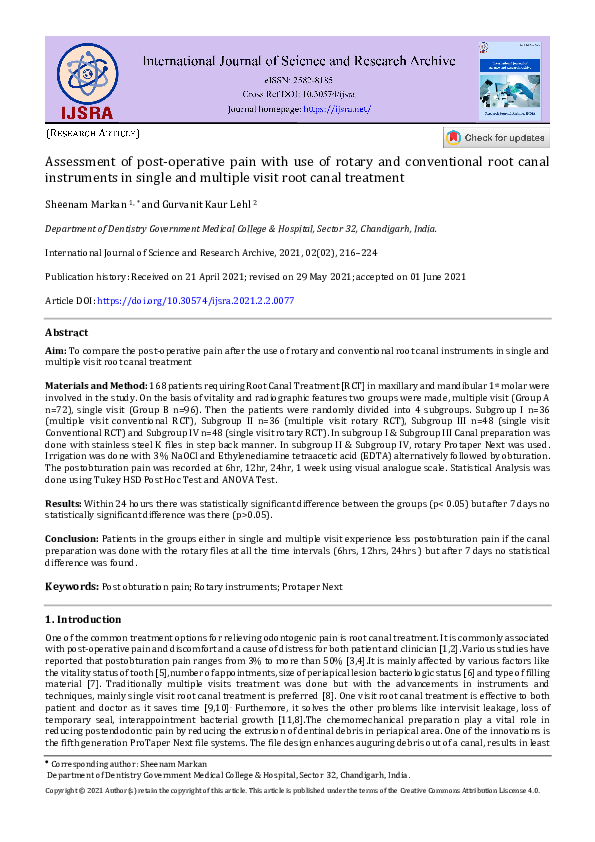 (PDF) Assessment of post-operative pain with use of rotary and ...
