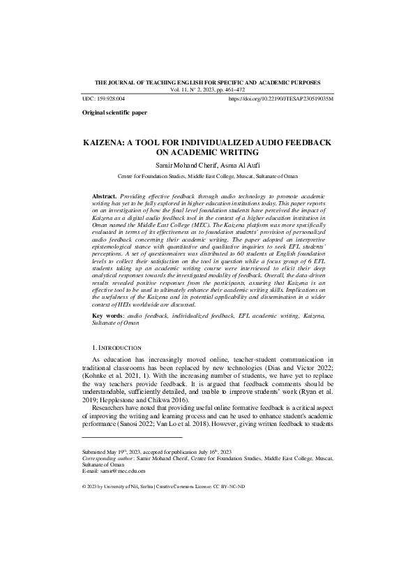 (PDF) Kaizena: A Tool for Individualized Audio Feedback on Academic Writing
