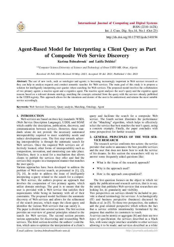 (PDF) Agent-Based Model for Interpreting a Client Query as Part of Composite Web Service Discovery