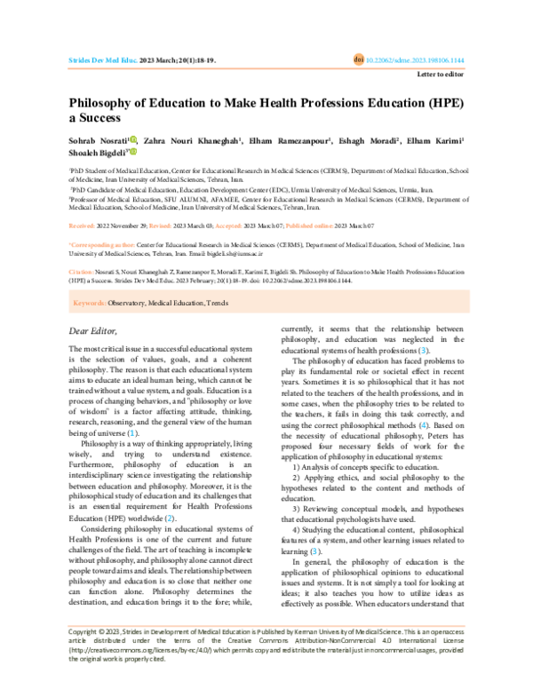 (PDF) Philosophy of Education to Make Health Professions Education (HPE ...